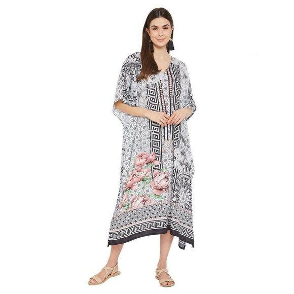 Gypsie Blu | Dresses | Floral Printed Grey Polyester Kaftan Dress For ...